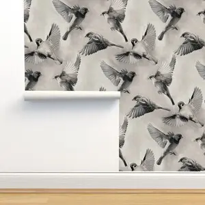 Spoonflower Sparrow Flight Monochrome Large Birds Painted 100% Natural Sisal Grasscloth Wallcovering - Gray,white
