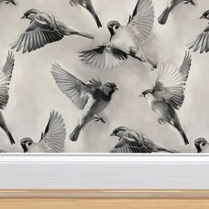 Spoonflower Sparrow Flight Monochrome Large Birds Painted 100% Natural Sisal Grasscloth Wallcovering - Gray,white