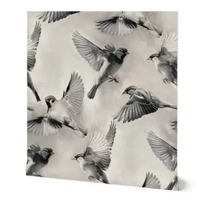 Spoonflower Sparrow Flight Monochrome Large Birds Painted 100% Natural Sisal Grasscloth Wallcovering - Gray,white