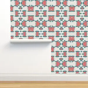 Spoonflower Splash Coral And Teal 100% Natural Sisal Grasscloth Wallcovering - Blue,teal