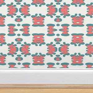 Spoonflower Splash Coral And Teal 100% Natural Sisal Grasscloth Wallcovering - Blue,teal