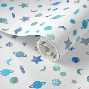 Spoonflower Stars Space Blue Watercolour Custom Pre-pasted Wallpaper - White,blue