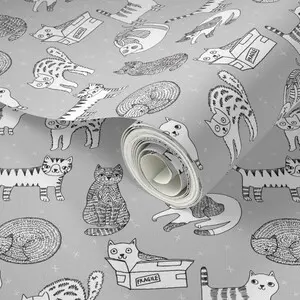 Spoonflower Cat Cats Kitten Kitty Pet Pets Custom Pre-pasted Wallpaper - Gray