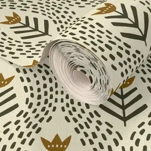 Spoonflower Small Scandi Flower Vanilla With Pecan And Deep 100% Natural Sisal Grasscloth Wallcovering - White