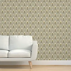 Spoonflower Small Scandi Flower Vanilla With Pecan And Deep 100% Natural Sisal Grasscloth Wallcovering