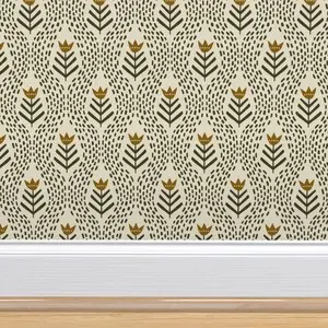 Spoonflower Small Scandi Flower Vanilla With Pecan And Deep 100% Natural Sisal Grasscloth Wallcovering