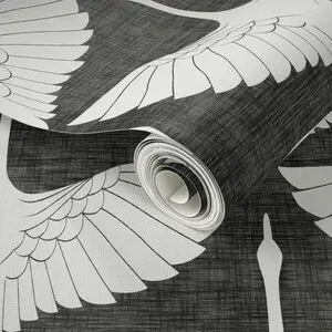 Spoonflower Birds Japanese Art Deco Illustration Cranes Custom Pre-pasted Wallpaper - Gray