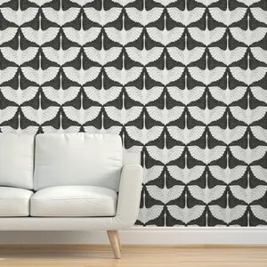 Spoonflower Birds Japanese Art Deco Illustration Cranes Custom Pre-pasted Wallpaper