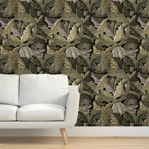 Spoonflower Acanthus In Olive Grove 100% Natural Sisal Grasscloth Wallcovering