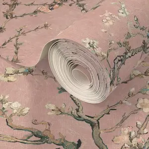 Spoonflower Vincent Van Gogh Almond Blossom In Old Rose Pink 100% Natural Sisal Grasscloth Wallcovering - Green,white
