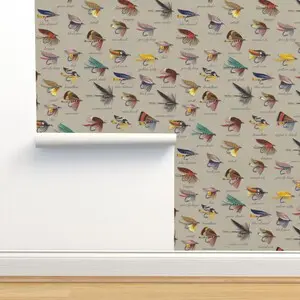 Spoonflower Trout Tan Sports Fly Fishing Masculine Recreation 100% Natural Sisal Grasscloth Wallcovering - Blue,pink,gray