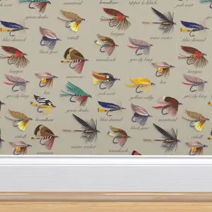Spoonflower Trout Tan Sports Fly Fishing Masculine Recreation 100% Natural Sisal Grasscloth Wallcovering - Blue,pink,gray