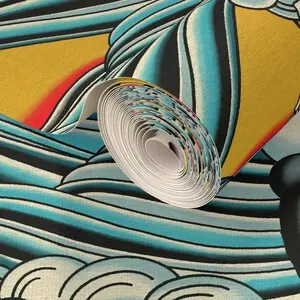 Spoonflower Tattoo Waves 100% Natural Sisal Grasscloth Wallcovering - Teal,yellow