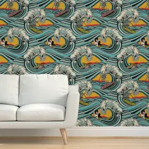 Spoonflower Tattoo Waves 100% Natural Sisal Grasscloth Wallcovering