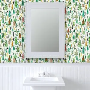 Spoonflower Forest Woodland Trees Winter Christmas Watercolor Custom Pre-pasted Wallpaper - Green