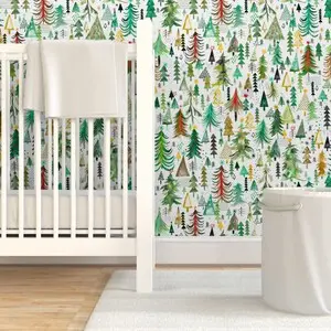 Spoonflower Forest Woodland Trees Winter Christmas Watercolor Custom Pre-pasted Wallpaper - Green