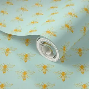 Spoonflower Golden Bees Custom Pre-pasted Wallpaper - Mint,sage,teal