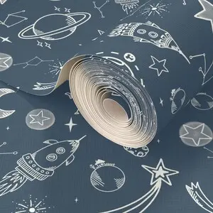 Spoonflower Space Voyage 100% Natural Sisal Grasscloth Wallcovering - Blue