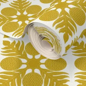 Spoonflower Ulu Mustard On White 100% Natural Sisal Grasscloth Wallcovering - Yellow,white