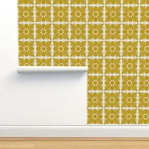 Spoonflower Ulu Mustard On White 100% Natural Sisal Grasscloth Wallcovering