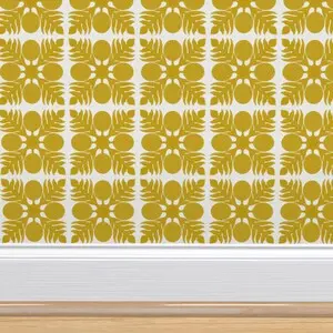 Spoonflower Ulu Mustard On White 100% Natural Sisal Grasscloth Wallcovering