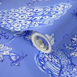 Spoonflower Flowers Butterflies Floral Chinese China Custom Pre-pasted Wallpaper - Blue