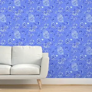 Spoonflower Flowers Butterflies Floral Chinese China Custom Pre-pasted Wallpaper - Blue