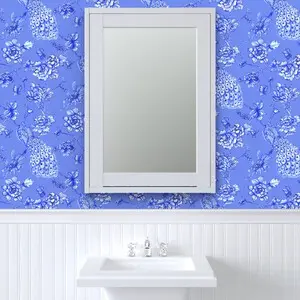 Spoonflower Flowers Butterflies Floral Chinese China Custom Pre-pasted Wallpaper - Blue