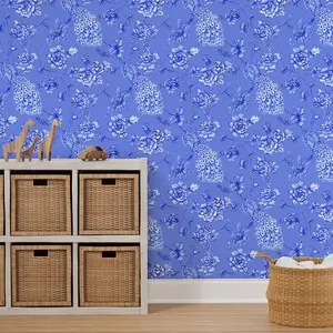 Spoonflower Flowers Butterflies Floral Chinese China Custom Pre-pasted Wallpaper - Blue
