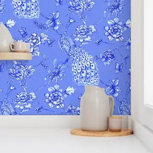Spoonflower Flowers Butterflies Floral Chinese China Custom Pre-pasted Wallpaper - Blue