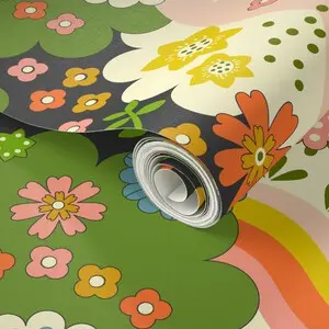 Spoonflower Cosmic Flowering Retro Flowers Vintage Custom Pre-pasted Wallpaper - Rainbow