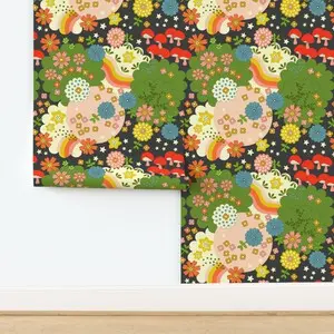 Spoonflower Cosmic Flowering Retro Flowers Vintage Custom Pre-pasted Wallpaper - Rainbow