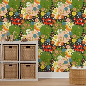 Spoonflower Cosmic Flowering Retro Flowers Vintage Custom Pre-pasted Wallpaper - Rainbow