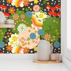 Spoonflower Cosmic Flowering Retro Flowers Vintage Custom Pre-pasted Wallpaper - Rainbow