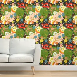 Spoonflower Cosmic Flowering Retro Flowers Vintage Custom Pre-pasted Wallpaper - Rainbow