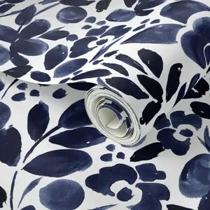 Spoonflower Navy Floral Watercolor Blue Vintage Custom Removable Wallpaper - Blue,white