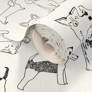 Spoonflower Dog Line Art Pug Dachshund Terrier Poodle Black Custom Pre-pasted Wallpaper - White,black,gray