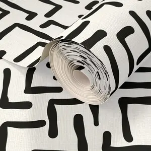 Spoonflower Abstract Maze Black On White 100% Natural Sisal Grasscloth Wallcovering - Black,white