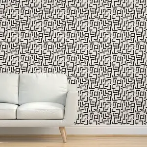 Spoonflower Abstract Maze Black On White 100% Natural Sisal Grasscloth Wallcovering
