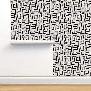 Spoonflower Abstract Maze Black On White 100% Natural Sisal Grasscloth Wallcovering