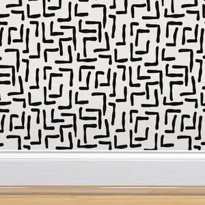 Spoonflower Abstract Maze Black On White 100% Natural Sisal Grasscloth Wallcovering