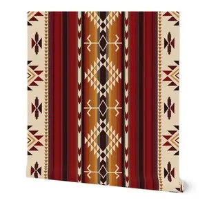 Spoonflower Amber Fire Vertical Bold Tribal Stripes 100% Natural Sisal Grasscloth Wallcovering - Red