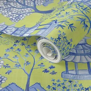 Spoonflower Pagoda Forest Blue Green Chartreuse Landscape Custom Removable Wallpaper - Green,blue,sage
