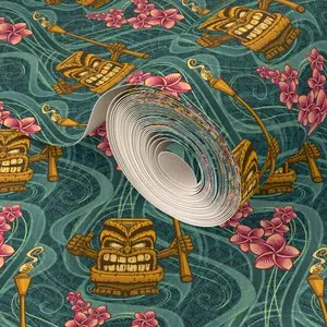 Spoonflower Vintage Retro Beach Hawaii Hawaiian Tiki Aloha 100% Natural Sisal Grasscloth Wallcovering Green