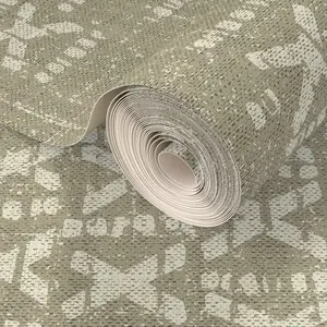 Spoonflower Aba Mudcloth Light 100% Natural Sisal Grasscloth Wallcovering - Beige,orange