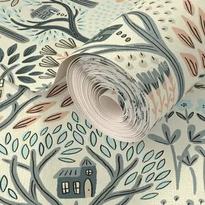 Spoonflower Acacia And Pink 100% Natural Sisal Grasscloth Wallcovering - Blue