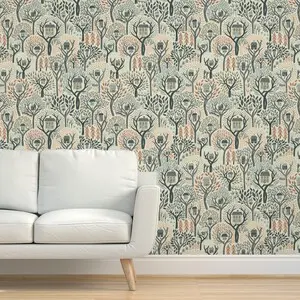 Spoonflower Acacia And Pink 100% Natural Sisal Grasscloth Wallcovering - Blue