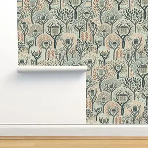 Spoonflower Acacia And Pink 100% Natural Sisal Grasscloth Wallcovering - Blue