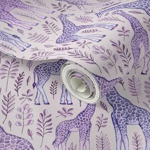 Spoonflower Little Giraffes Purple Grey Giraffe Animals Wild Custom Removable Wallpaper - Purple,gray