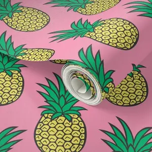 Spoonflower Pineapple Pink Pineapples Fruit Summer Tropical Custom Pre-pasted Wallpaper - Pink,yellow,green